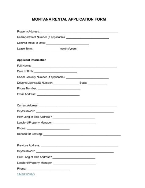 Montana Rental Application Form Simple Forms