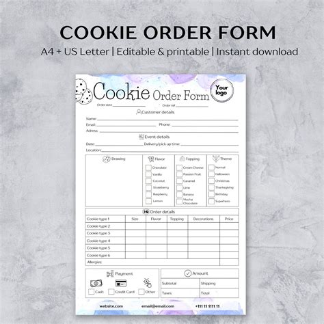 printable cookie order form template editable bakery order form a4
