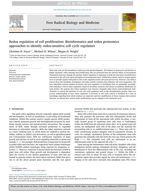 Pdf Redox Regulation Of Cell Proliferation Bioinformatics And Redox