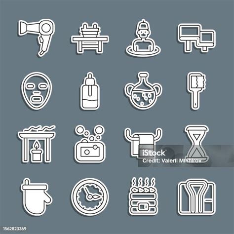 세트 라인 목욕 가운 사우나 모래 시계 브러쉬 사우나의 남자 에센셜 오일 병 페이셜 화장품 마스크 헤어 드라이어 및 아이콘 벡터 건강관리와 의술에 대한 스톡 벡터 아트 및