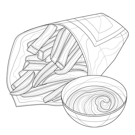 소스를 곁들인 감자튀김 패스트 푸드 어린이와 성인을 위한 색칠 공부 책 안티 스트레스 흰색 배경에 고립 된 그림입니다 선
