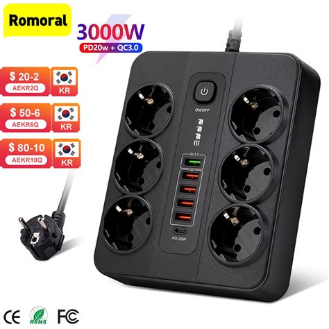 파워 스트립 멀티 프라이즈 Pd 20w 타입 C Qc30 빠른 충전 Eu 6 Ac 소켓 과부하 보호기 2m 연장 케이블 사무실 용 Aliexpress