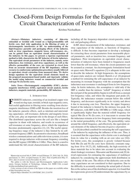 PDF Closed Form Design Formulas For The Equivalent Circuit Characterization Of Ferrite Inductors
