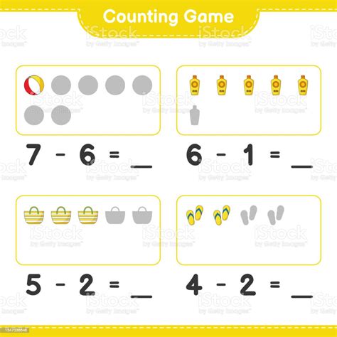 게임을 계산 비치 볼의 수를 계산 선스크린 비치 가방 플립 플롭과 결과를 작성합니다 교육 어린이 게임 인쇄 워크 시트 벡터 일러스트레이션 0명에 대한 스톡 벡터 아트 및