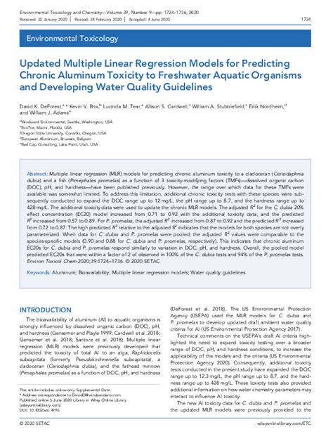 Pdf Updated Multiple Linear Regression Models For Predicting Chronic Aluminum Toxicity To