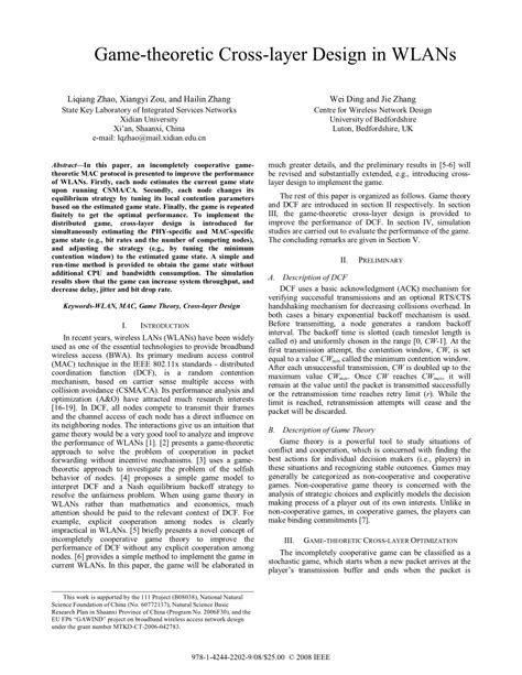 Pdf Game Theoretic Cross Layer Design In Wlans
