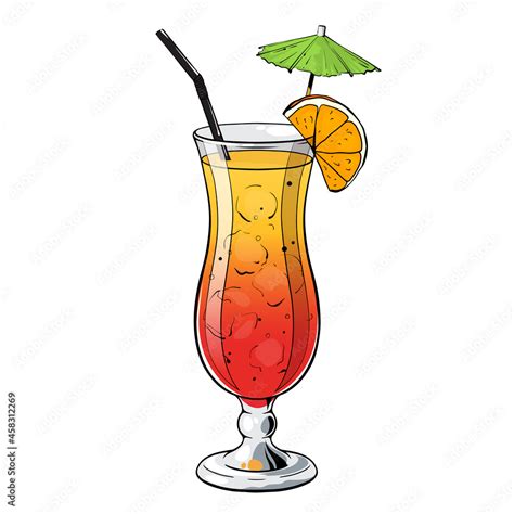 Cocktail Sex On The Beach Hand Drawn Alcohol Drink With Orange Slice