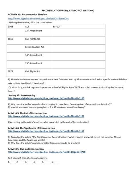 Reconstruction Webquest Us History Activity