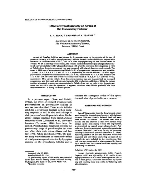Pdf Effect Of Hypophysectomy On Atresia Of Rat Preovulatory Follicles1