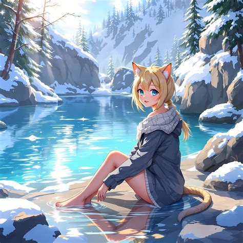 The Hot Spring In Winter Blonde Anime Girl In Winter Wonde