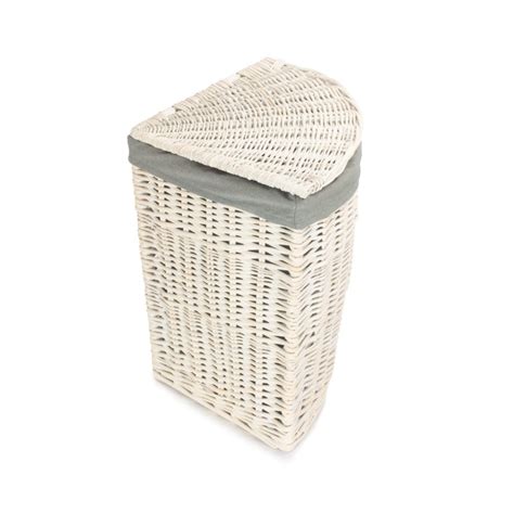 Corner White Wash Laundry Hamper Wih Grey Sage Lining The Willow Basket