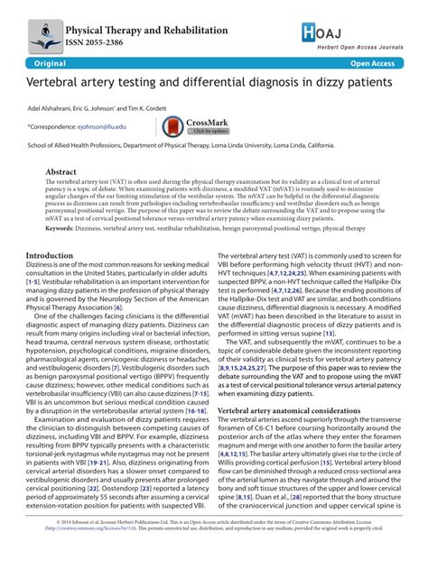 PDF Vertebral Artery Testing And Differential Diagnosis In Dizzy Patients