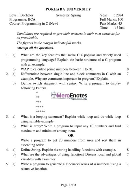 Pokhara University Bca Programming In C Question Paper 2nd Semester
