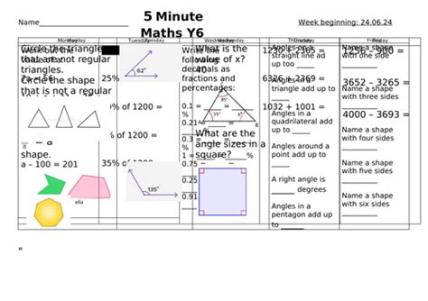Minute Maths Year 6 Y6 Daily Arithmetic Starter Summer Full Term