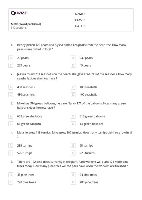 50 Math Word Problems Worksheets For 3rd Class On Quizizz Free