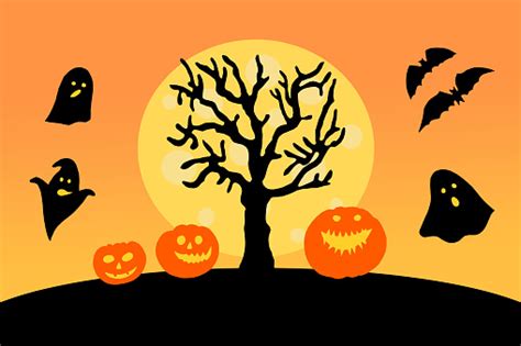 할로윈 종이 장식 카드입니다 오렌지 배경에 나무 아래 무서운 얼굴 할로윈 호박 0명에 대한 스톡 사진 및 기타 이미지 0명 가을 개념 Istock