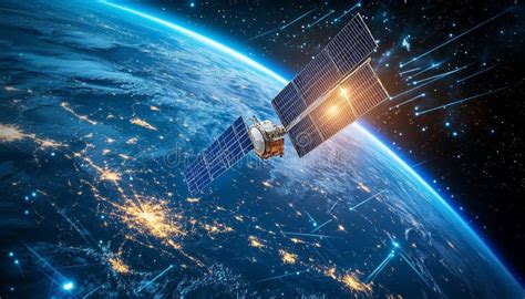 Telecommunication Satellite Orbits Earth With Futuristic Hologram Data For Internet And Gps