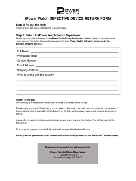 Fillable Online Ipower Watch Defective Device Return Form Fax Email
