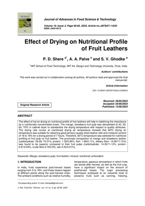 Pdf Effect Of Drying On Nutritional Profile Of Fruit Leathers