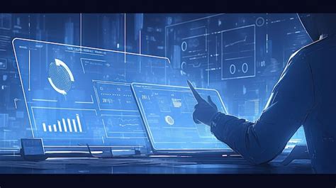 A Businessman In A Futuristic Office Setting Analyzing Data On Multiple Large Digital Screens