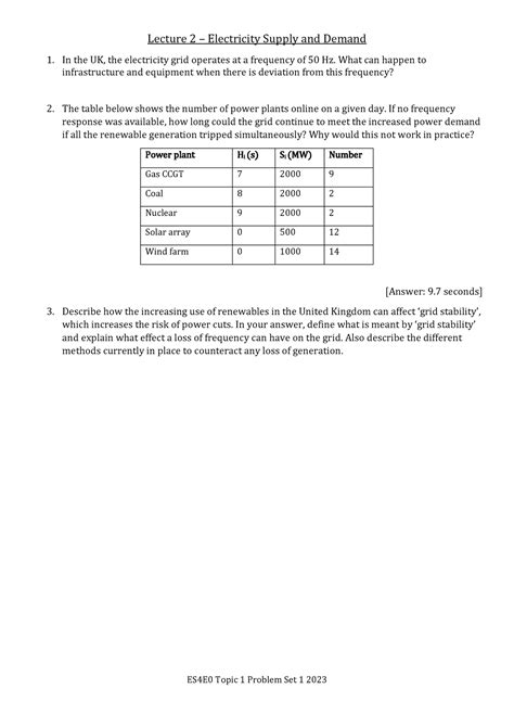Topic 1 Problem Set 1 2023 ES4E0 Topic 1 Problem Set 1 2023 Lecture 2 Electricity Supply And