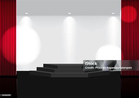 스포트라이트 배경 일러스트 벡터를 가진 쇼 콘서트 또는 프리젠 테이션을위한 무대 또는 영화관에서 3d 모형 현실적 오픈 레드 커튼 3차원 형태에 대한 스톡 벡터 아트 및