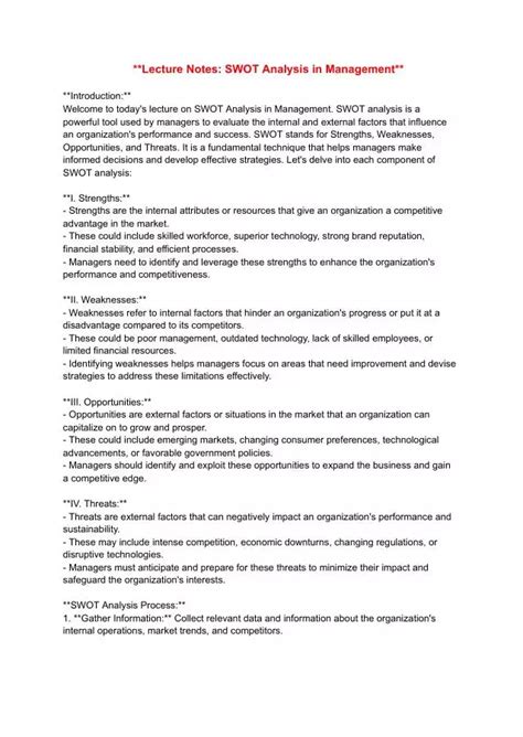 Lecture Notes Swot Analysis In Management Stanford University