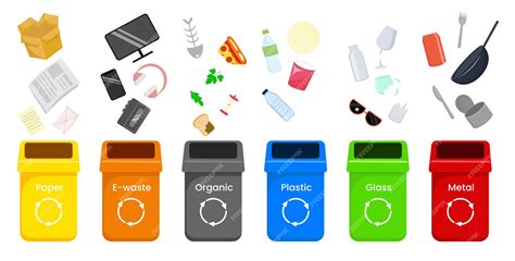 폐기물 재활용 개념 쓰레기통이 있는 다른 종류의 쓰레기 프리미엄 벡터