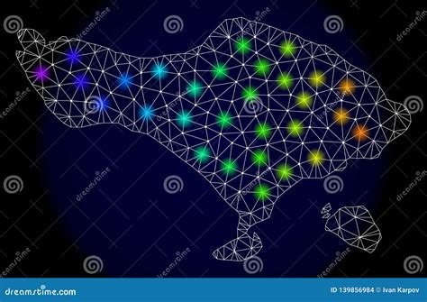 Polygonal Wire Frame Mesh Map Of Bali Island With Bright Light Spots Stock Vector Illustration