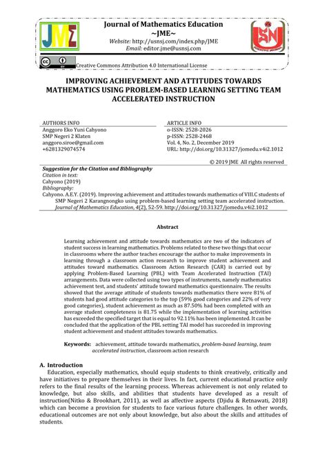 Pdf Improving Achievement And Attitudes Towards Mathematics Using Problem Based Learning