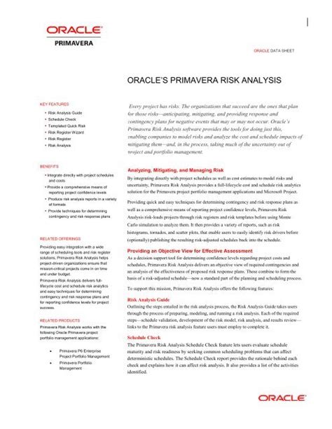 Oracle Data Sheet Oracles Primavera Risk Analysis
