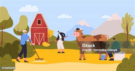 농장 농업의 농부 캐릭터 남자는 앉아서 양동이에 젖소를 착유합니다 일하는 여성 및 남성 캐릭터 갈퀴에 대한 스톡 벡터 아트 및 기타 이미지 Istock