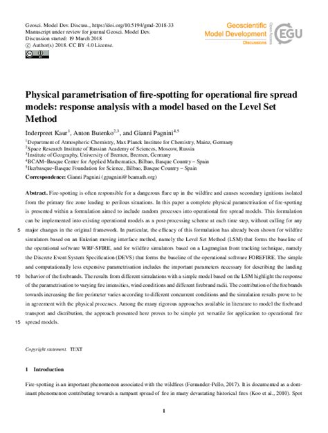 Pdf Physical Parametrisation Of Fire Spotting For Operational Fire