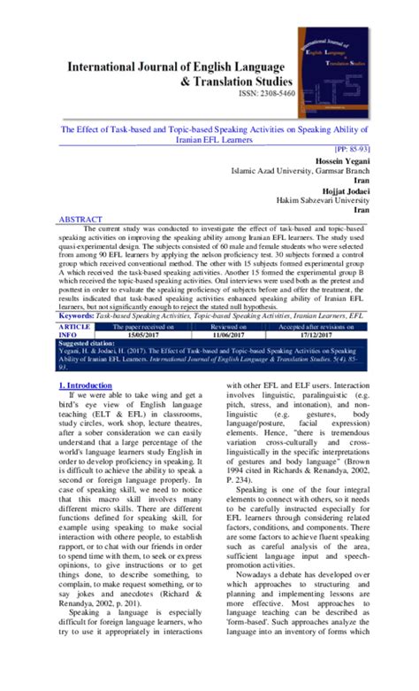 Pdf The Effect Of Task Based And Topic Based Speaking Activities On