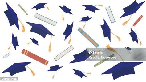 책과 함께 술이 달린 졸업 모자를 날립니다 졸업식 배경 벡터 일러스트 레이 션 2024년에 대한 스톡 벡터 아트 및 기타 이미지 2024년 2025년 검은색 Istock