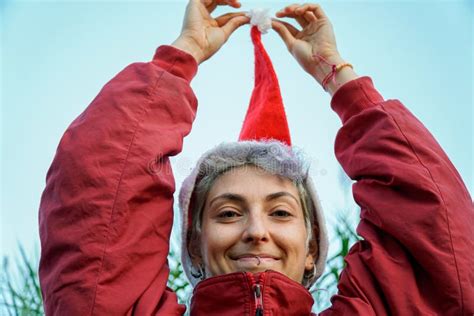 Funny Portrait Of A Non Binary Person With The Santa Hat Christmas Holiday Stock Image Image