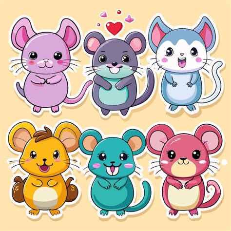 Cute Cartoon Mice Characters With Different Colors And Expressions