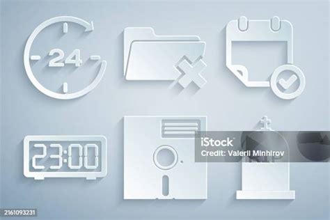 525 인치의 플로피 디스크 체크 표시가있는 달력 디지털 알람 시계 삭제 된 삭제 폴더 시계 24 시간 아이콘을 설정합니다 벡터 24에 대한 스톡 벡터 아트 및 기타 이미지
