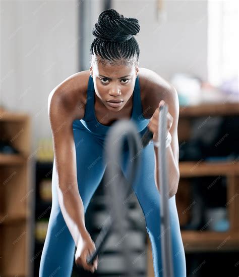 Premium Photo Fitness Battle Ropes Or Strong Black Woman Training For