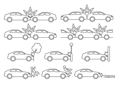 Car Crash Accident Of Transport Line Art Icon Set Collision With An Obstacle Tree Lantern