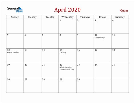 April 2020 Guam Monthly Calendar With Holidays