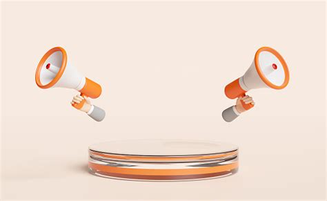 주황색 무대 연단은 사업가 손이 메가폰이나 흰색 배경에 격리된 손 스피커를 들고 있다 개념 3d 그림 또는 3d 렌더링 3차원 형태에 대한 스톡 사진 및 기타 이미지