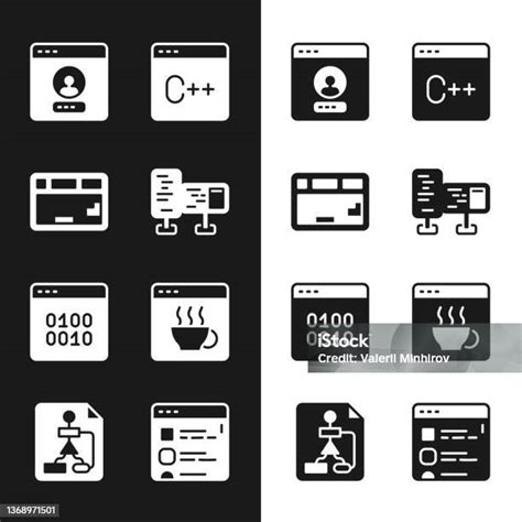 컴퓨터 모니터 화면 키보드 계정 만들기 소프트웨어 바이너리 코드 브라우저 파일 및 순서도 아이콘을 설정합니다 벡터 개발에 대한