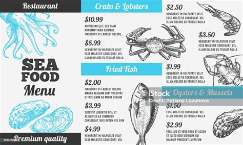 해산물 메뉴 손으로 그린 해양 신선한 생선 미식가 식품 디자인 레스토랑 브로셔 메뉴 해산물 초대 카드 빈티지 벡터 템플릿 메뉴판에 대한 스톡 벡터 아트 및 기타 이미지