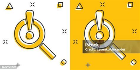 코믹 스타일의 위험 분석 아이콘 느낌표 돋보기 흰색 고립 된 배경에 만화 벡터 그림 주의 스플래시 효과 비즈니스 컨셉 0명에