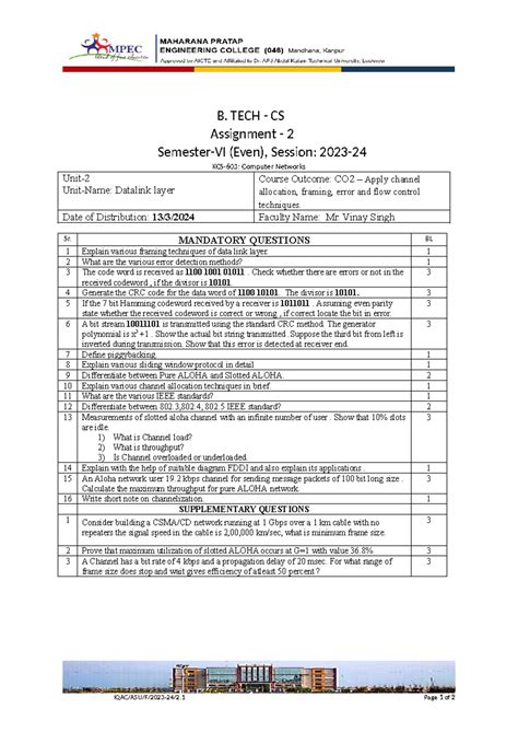 Assignment MPEC KCS Rd Year A A B TECH CS Assignment Semester VI Even