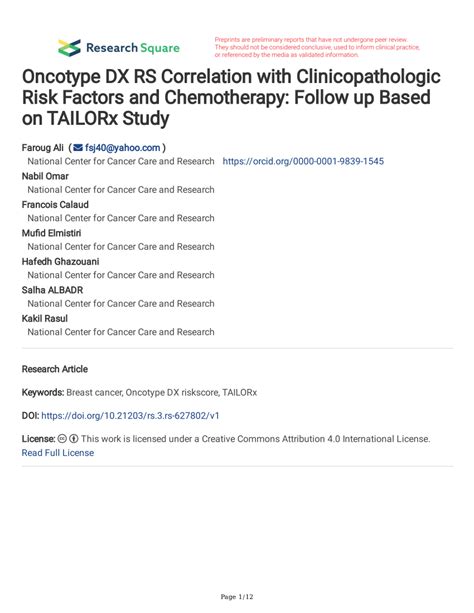 Pdf Oncotype Dx Rs Correlation With Clinicopathologic Risk Factors And Chemotherapy Follow Up