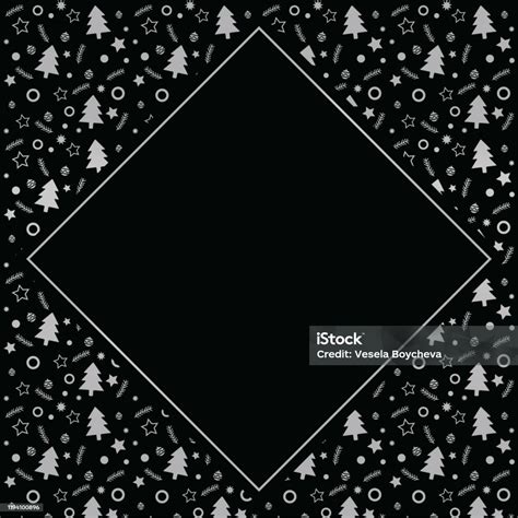 텍스트의 빈 공간이 있는 프레임입니다 Xmas 장난감 나무와 별의 국경 크리스마스와 새해 인사말 카드 배너 초대 포장 디자인 일러스트 패턴에 대한 벡터 0명에 대한 스톡