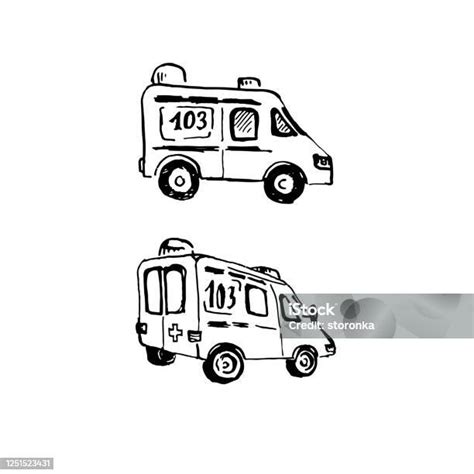 구급차 낙서 그리기 두 개의 잉크 벡터 일러스트레이션 세트 흑백 건강관리와 의술에 대한 스톡 벡터 아트 및 기타 이미지 건강관리와 의술 교통수단 구급차 Istock