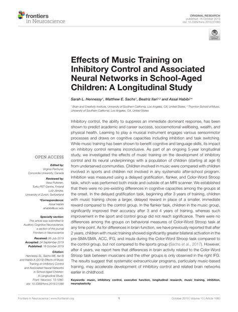 Pdf Effects Of Music Training On Inhibitory Control And Associated Neural Networks In School
